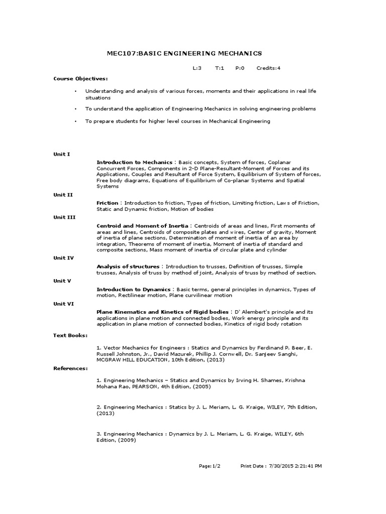Basic Mechanics Syllabus For 1st Year Students | Download Free PDF ...