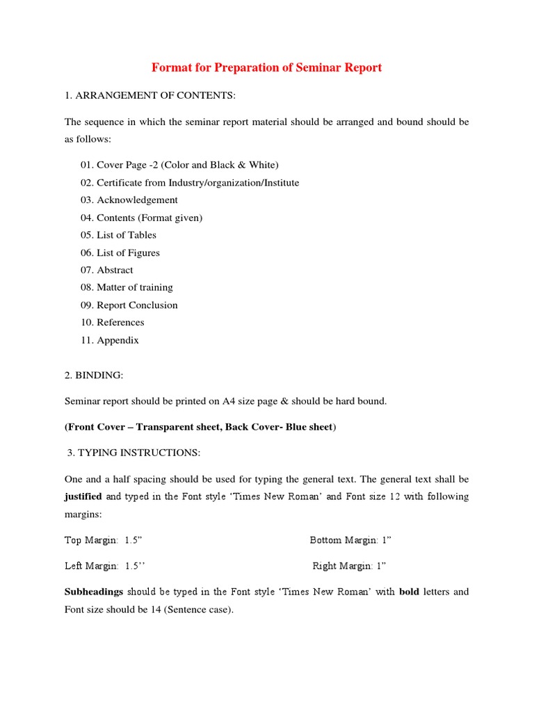 Format For Preparation of Seminar Report | PDF | Times New Roman ...