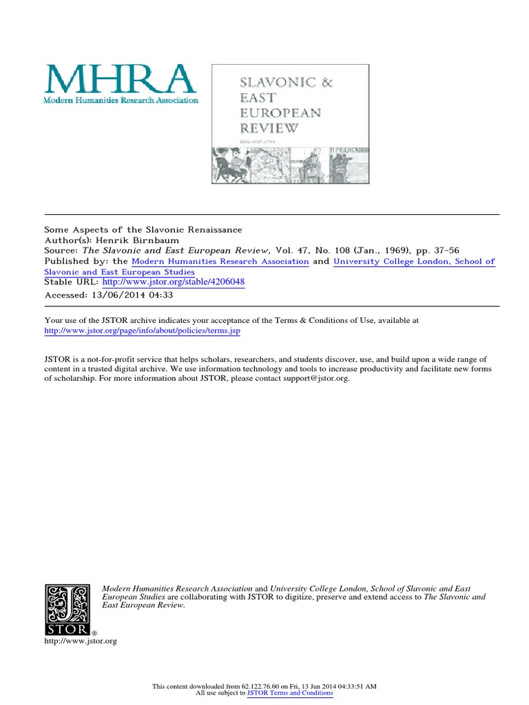 Birnbaum, Henrik, Some Aspects of The Slavonic Renaissance, The Slavonic and East European ...