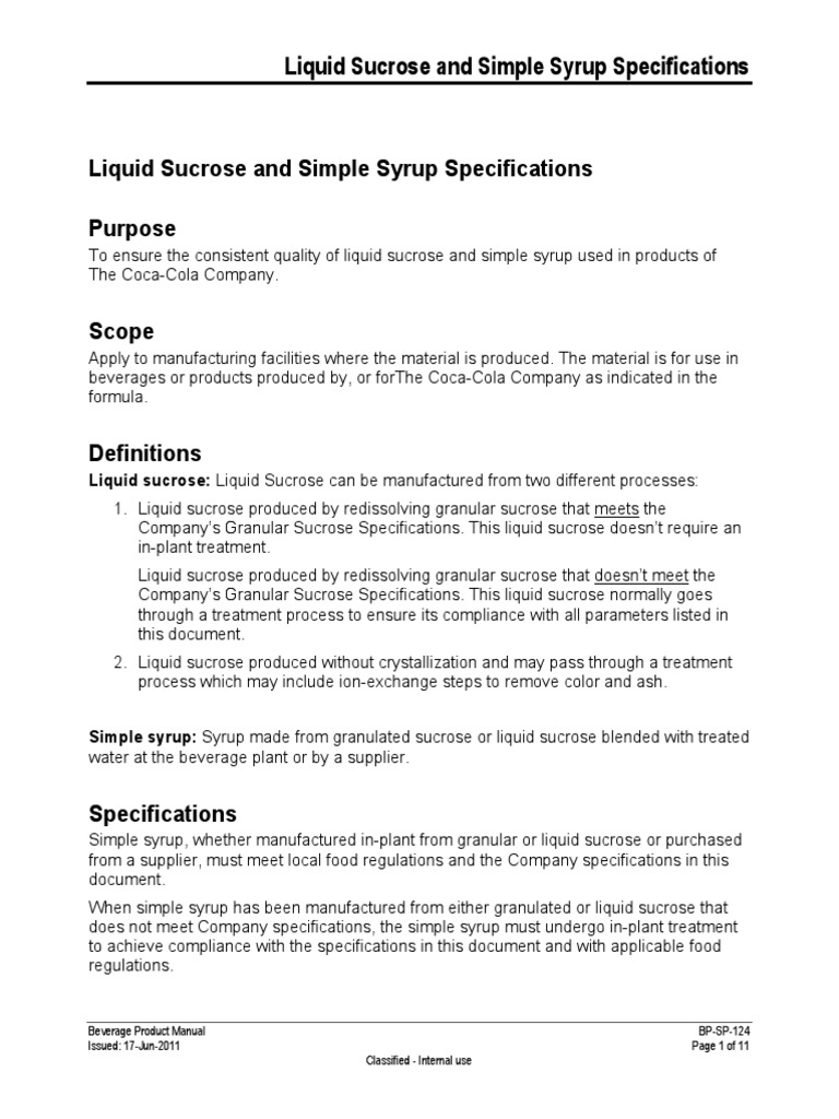 BP-SP-124 Liquid Sucrose and Simple Syrup Specifications | PDF ...