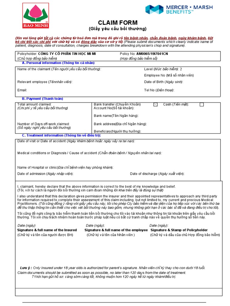 Claim Form: (Giấy yêu cầu bồi thường) | PDF