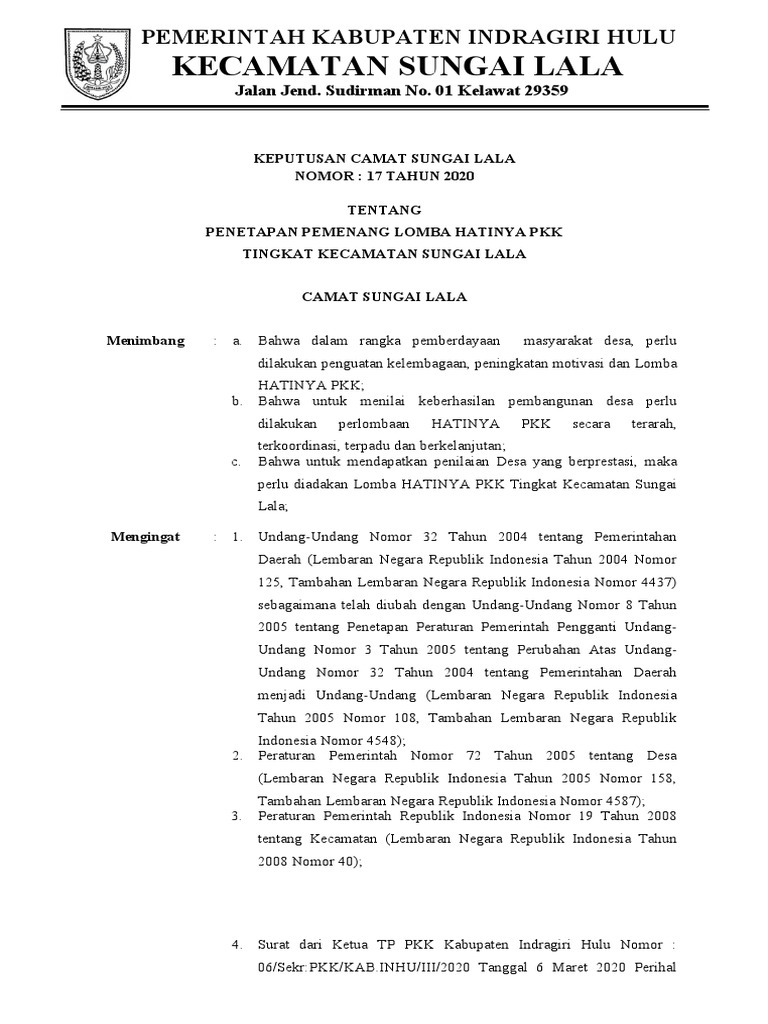 Pemenang Lomba HATINYA PKK Sungai Lala | PDF