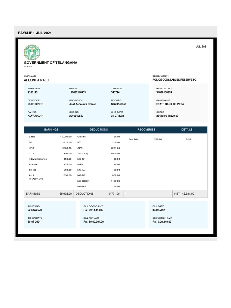 Government of Telangana: PAYSLIP:-JUL-2021 | PDF