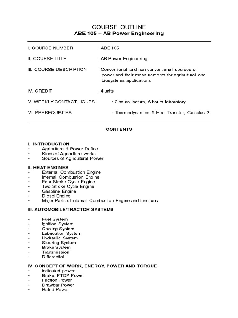 Course Outline: ABE 105 - AB Power Engineering | PDF | Engines ...