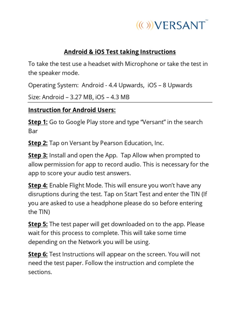 Versant APP - Android & iOS Test Instructions | PDF