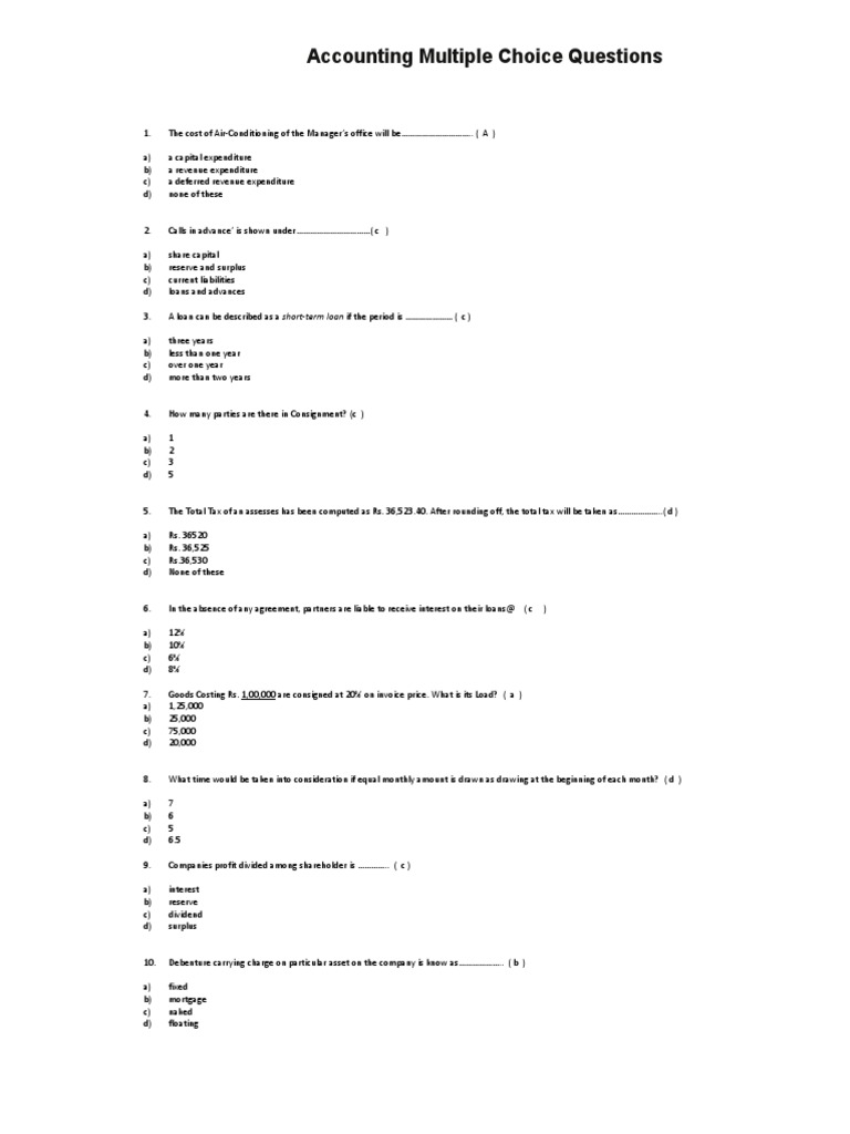 Accounting Multiple Choice Questions - Test | PDF | Balance Sheet ...