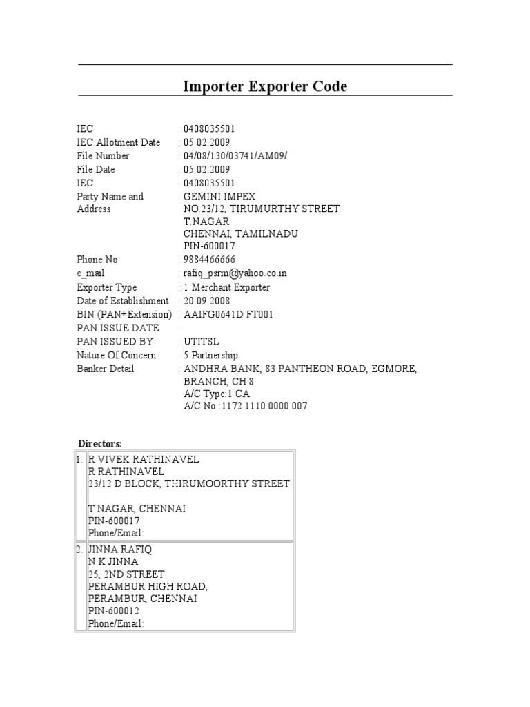 Importer Exporter Code: Directors | PDF