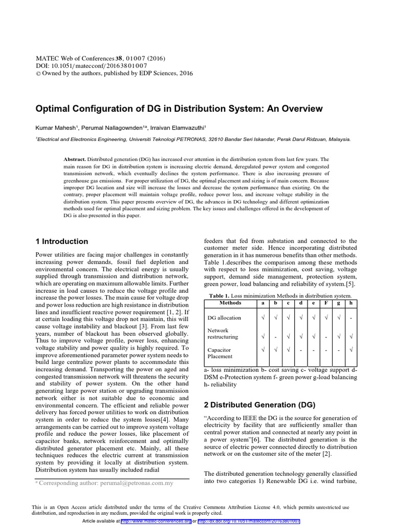 Optimal Placement And Sizing Of Distributed Generation In Distribution Systems A Review Of