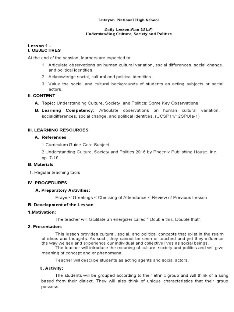 Understanding Culture & Politics DLP | PDF | Teachers | Curriculum