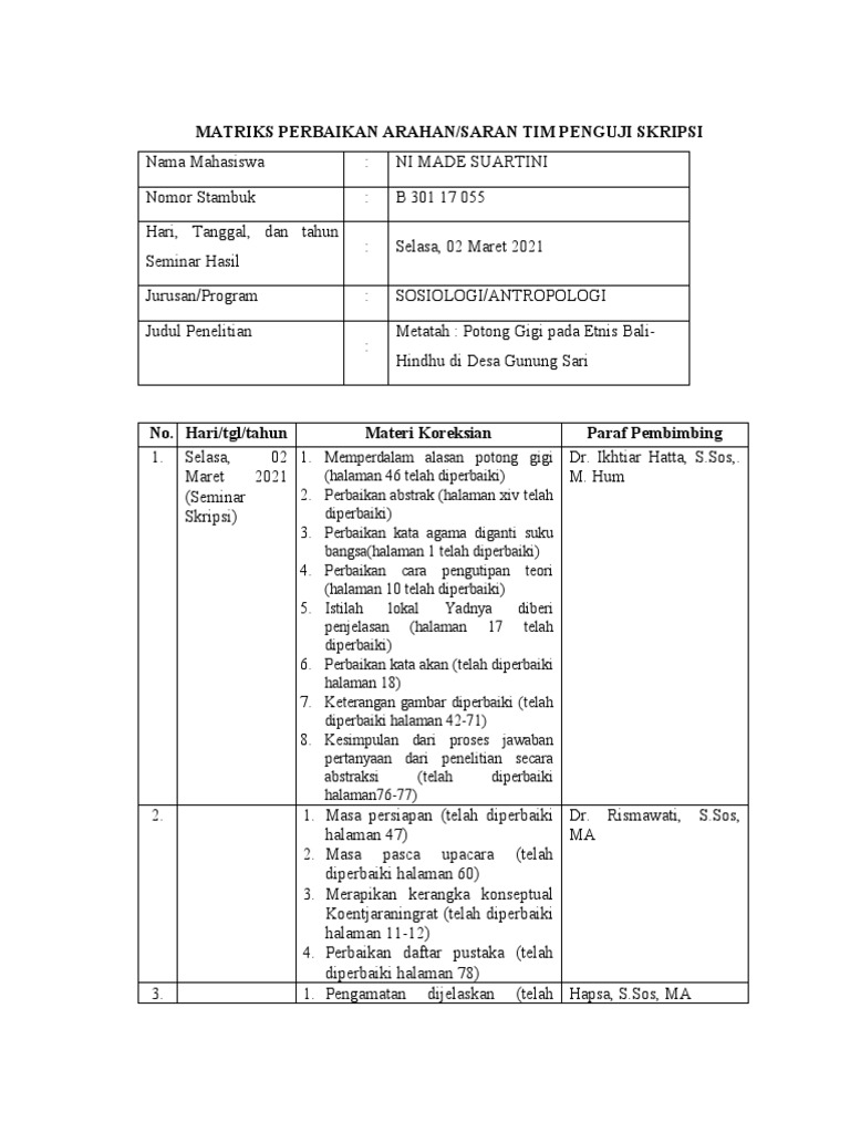 Matriks Perbaikan Skripsi | PDF