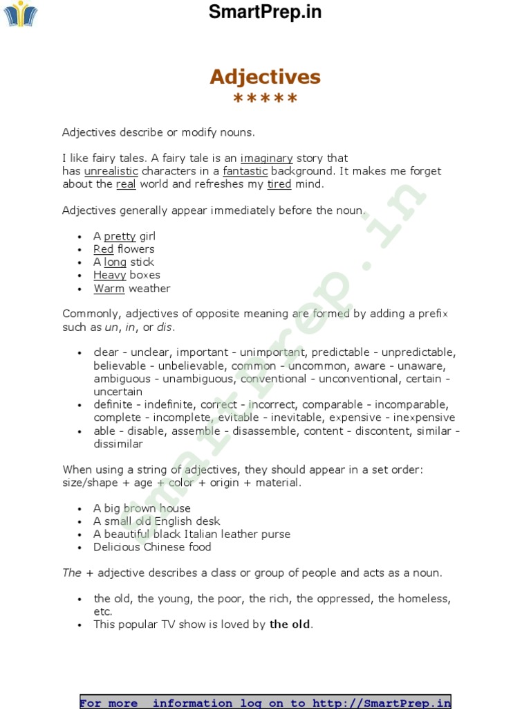 Adjectives General English Grammar Material PDF Download For ...