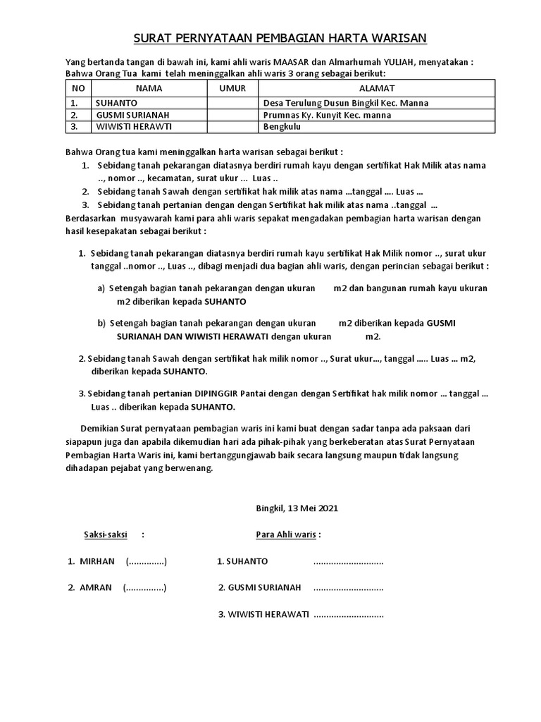 Surat Pembagian Warisan | PDF