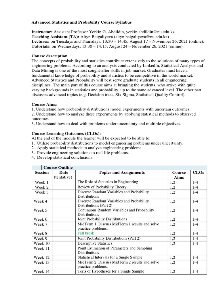 MSC 615 Advanced Statistics and Probability Course Syllabus | PDF ...