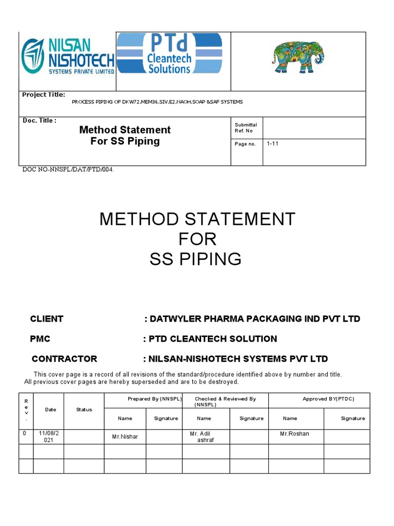 Method Statement For Ss Piping | PDF | Pipe (Fluid Conveyance) | Welding