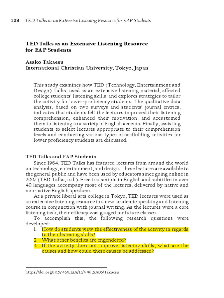 TED Talks On Extensive Listening | PDF | Motivational | Motivation