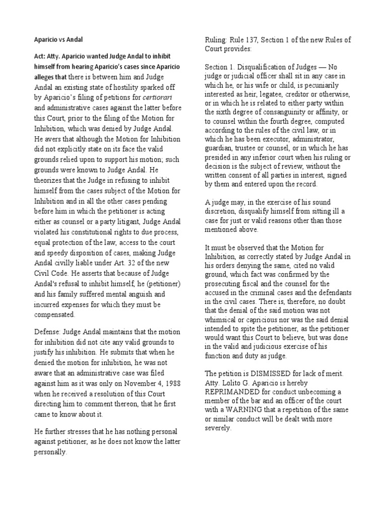 Inhibition Motion Denied: Aparicio Case | PDF | Lawsuit | Judge