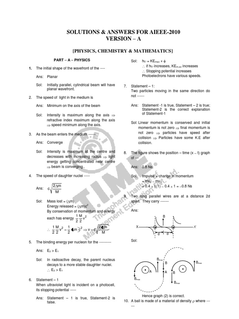 Solutions & Answers For Aieee-2010 Version - A: (Physics, Chemistry ...