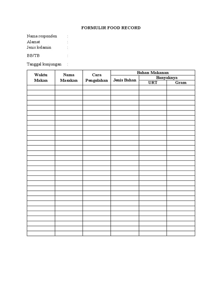 Formulir Food Record | PDF