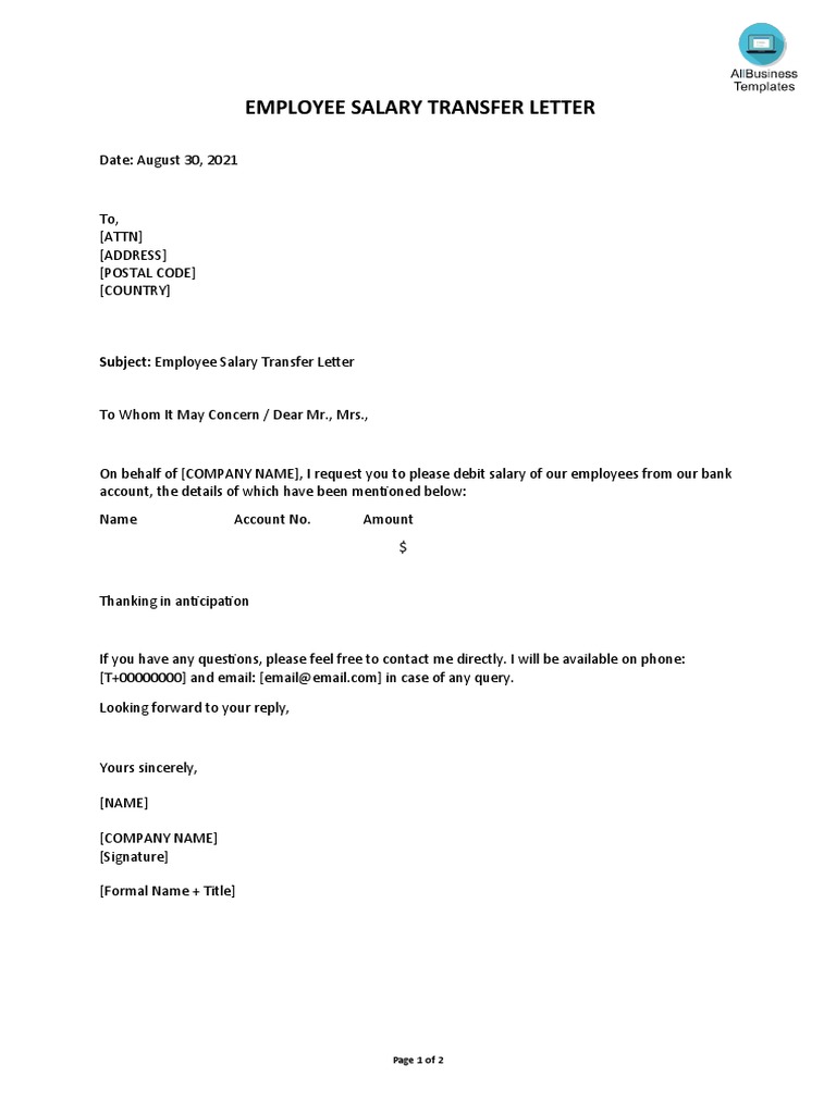 Employee Salary Transfer Request Letter | PDF | Business | Law