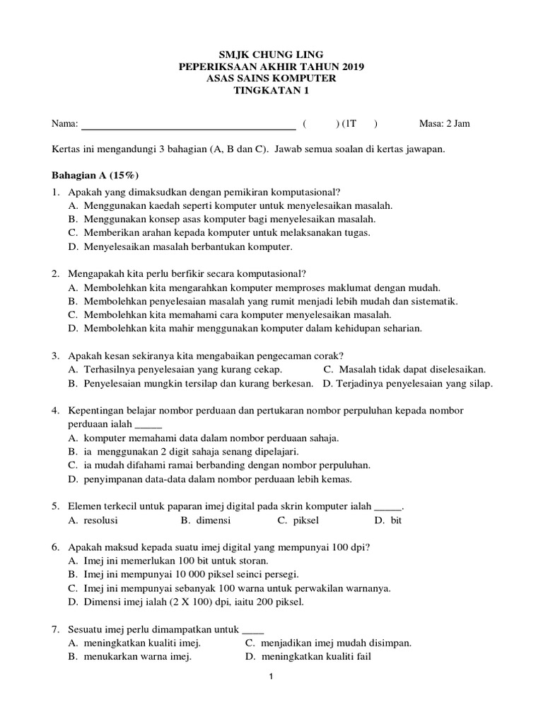 SMJK Chung Ling Peperiksaan Akhir Tahun 2019 Asas Sains Komputer ...