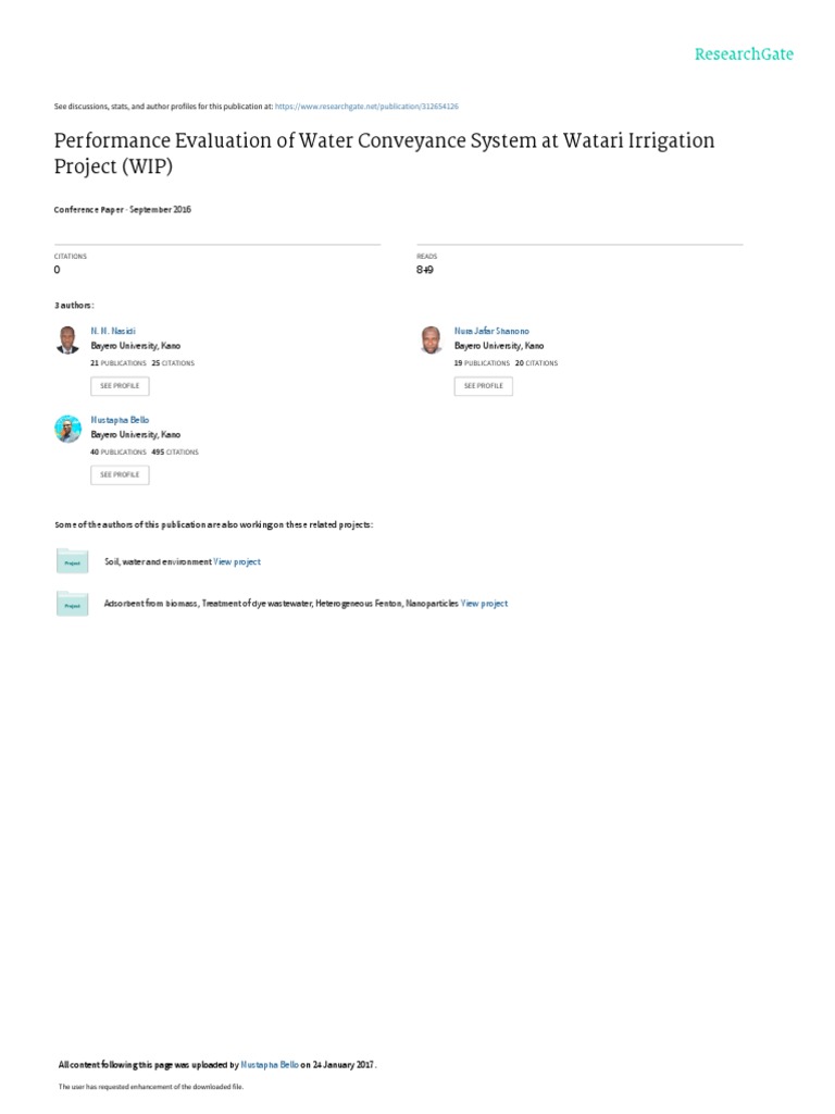 Performance Evaluation Of Water Conveyance System At Watari Irrigation Project Wip Pdf