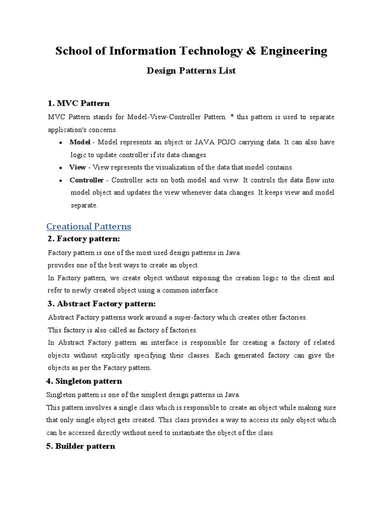 School of Information Technology & Engineering: Design Patterns List ...