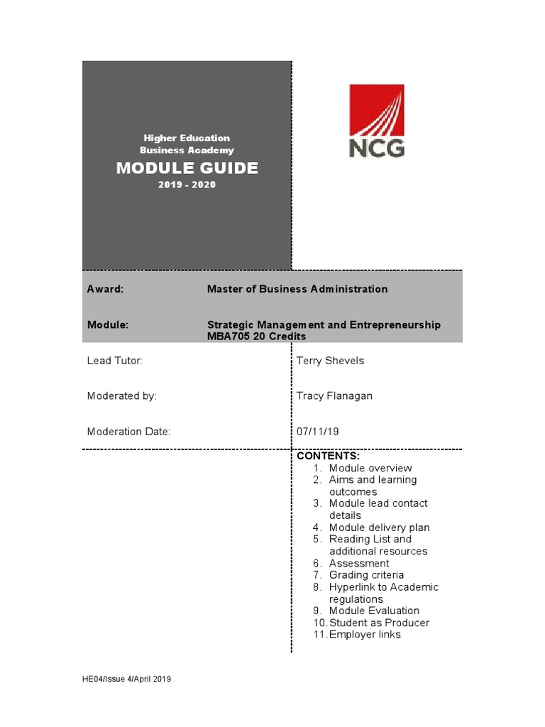 Module Guide (NCG) 2019 MBA705 | PDF | Theory | Strategic Management