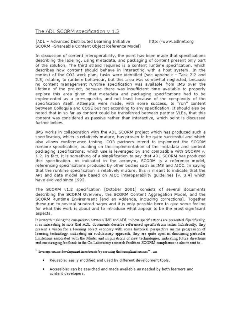 The ADL SCORM Specification V 1.2 | PDF | Document Object Model ...
