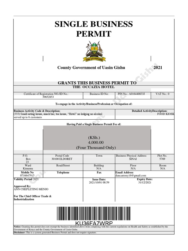 Single Business Permit: County Government of Uasin Gishu 2021 | PDF