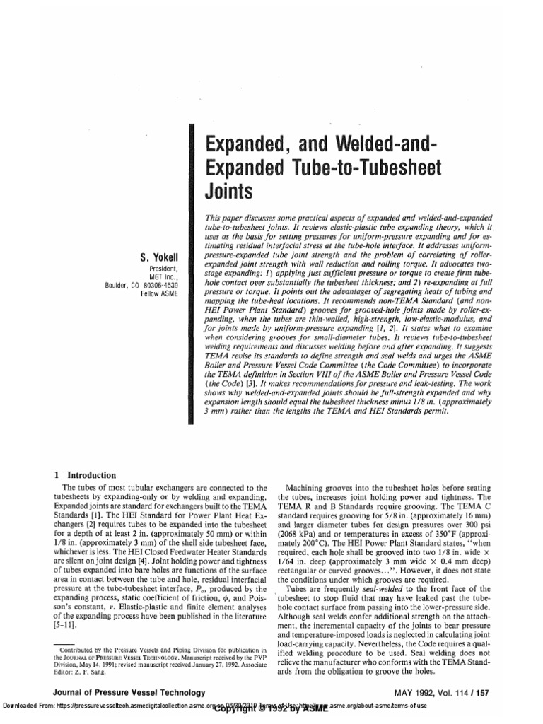 Expansion Tube-Tubesheet Joint | PDF | Stress (Mechanics) | Elasticity ...