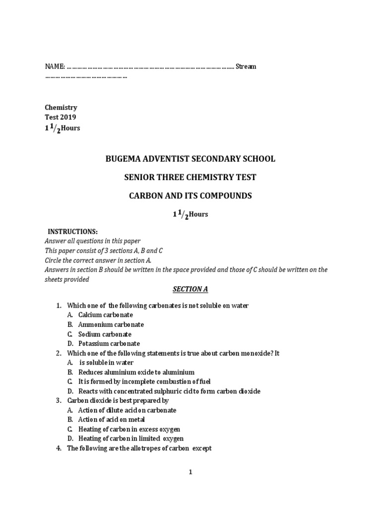 Bugema Adventist Secondary School Senior Three Chemistry Test Carbon ...