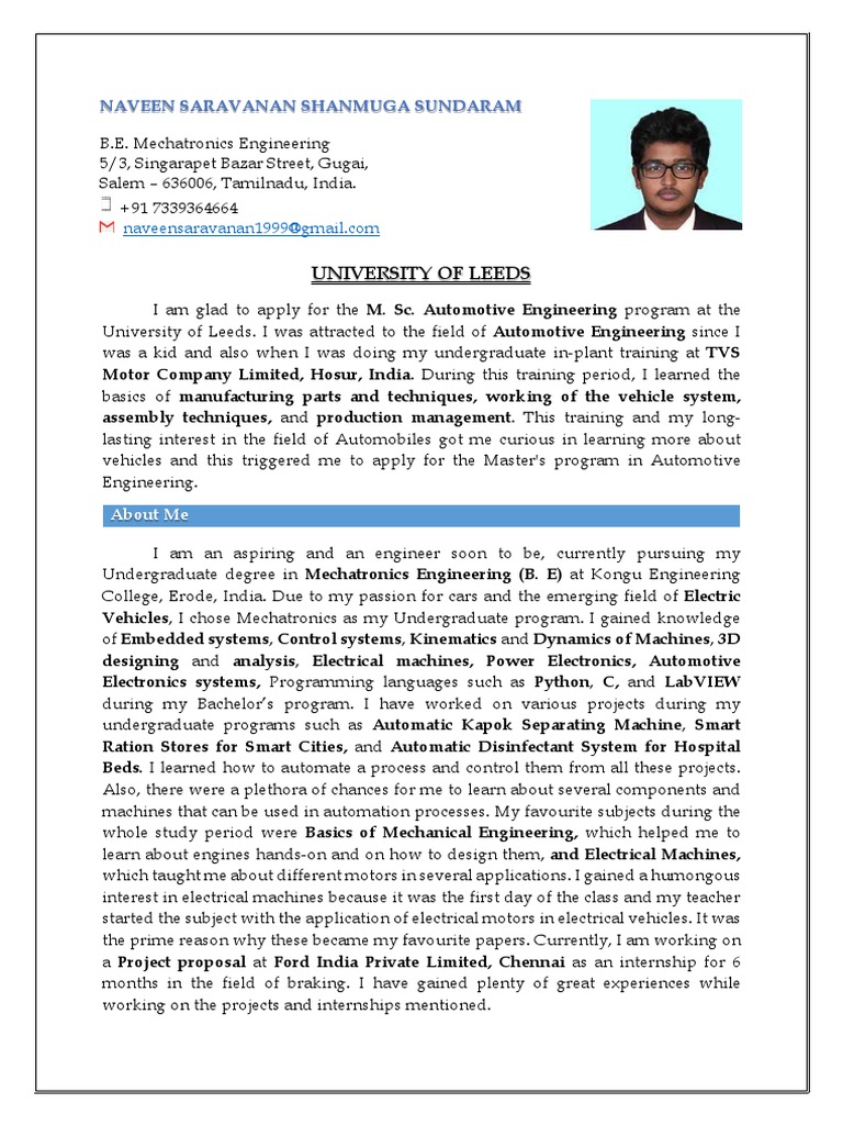 Naveen Saravanan Sop Leeds Pdf Engineering Car 
