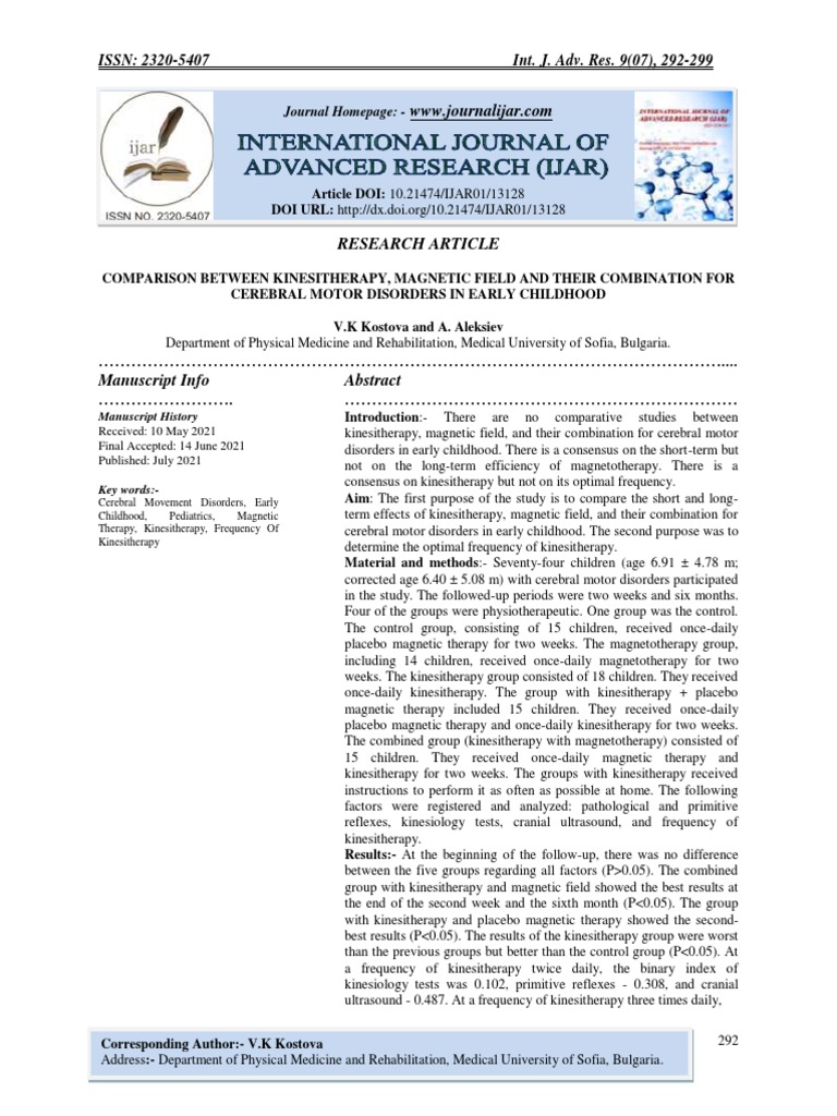 Comparison Between Kinesitherapy, Magnetic Field and Their Combination For Cerebral Motor ...