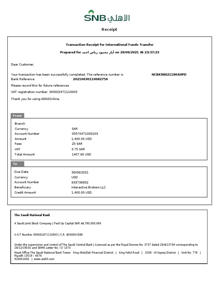 Receipt: Transaction Receipt For International Funds Transfer Prepared ...