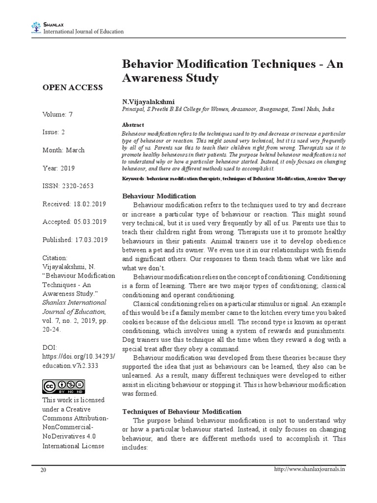 Behavior Modification Techniques - An Awareness Study | PDF | Reinforcement | Classical Conditioning