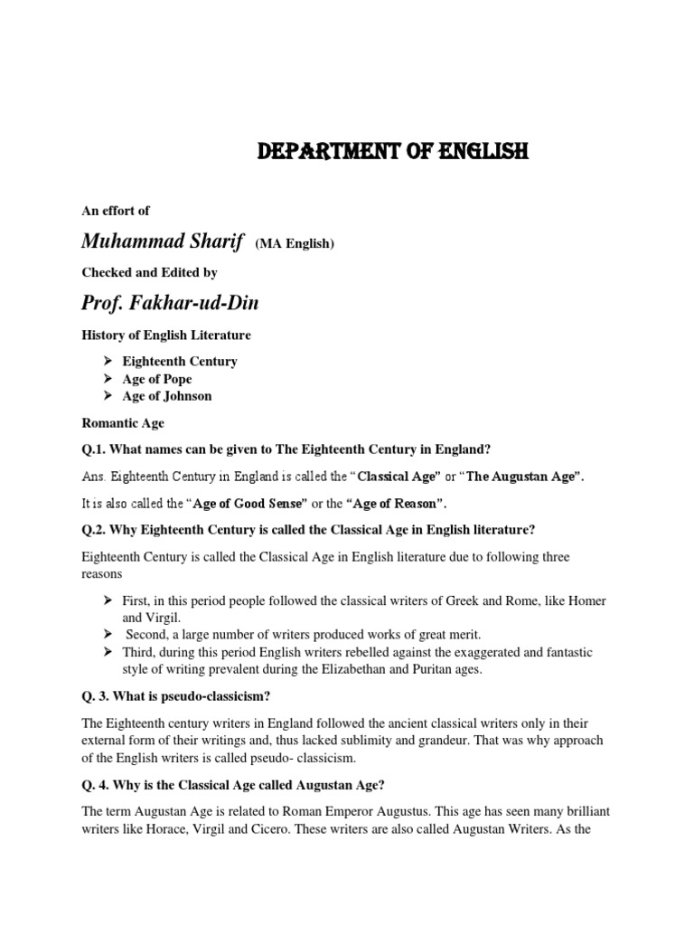 Eighteenth Century English Literature Overview | PDF | William ...