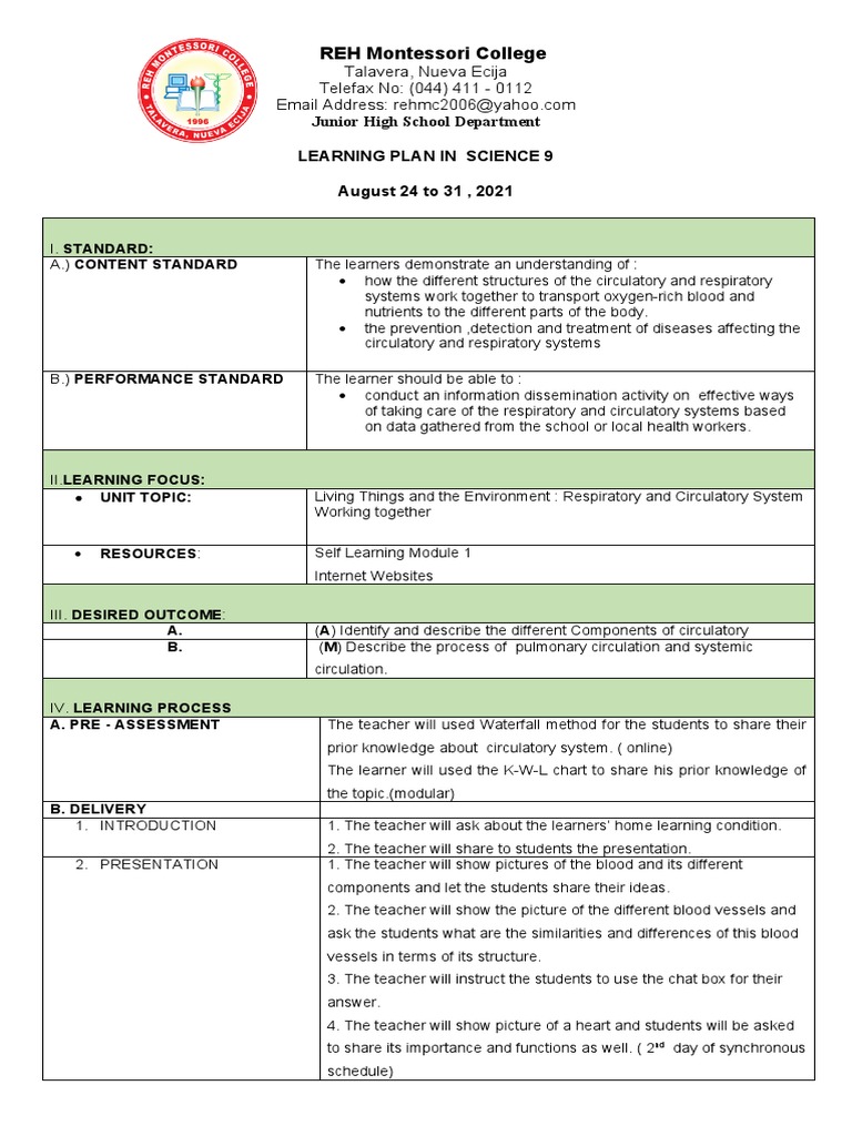 REH Montessori College: Junior High School Department Learning Plan in ...