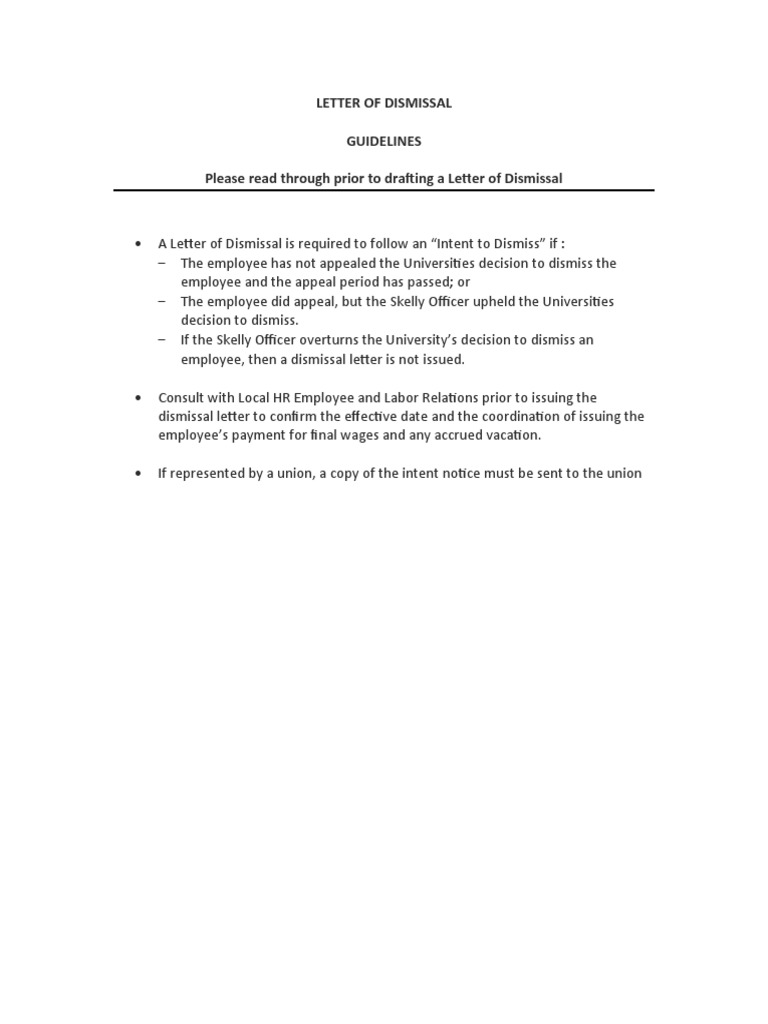 Letter of Dismissal Guidelines Please Read Through Prior To Drafting A ...