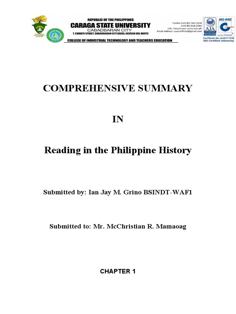 Comprehensive Summary IN Reading in The Philippine History: Submitted ...