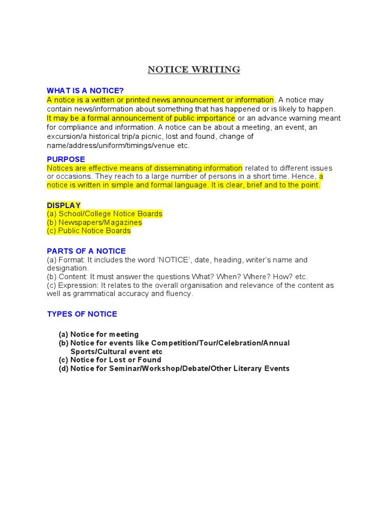 Notice Writing Grade 11 | PDF | Information | News