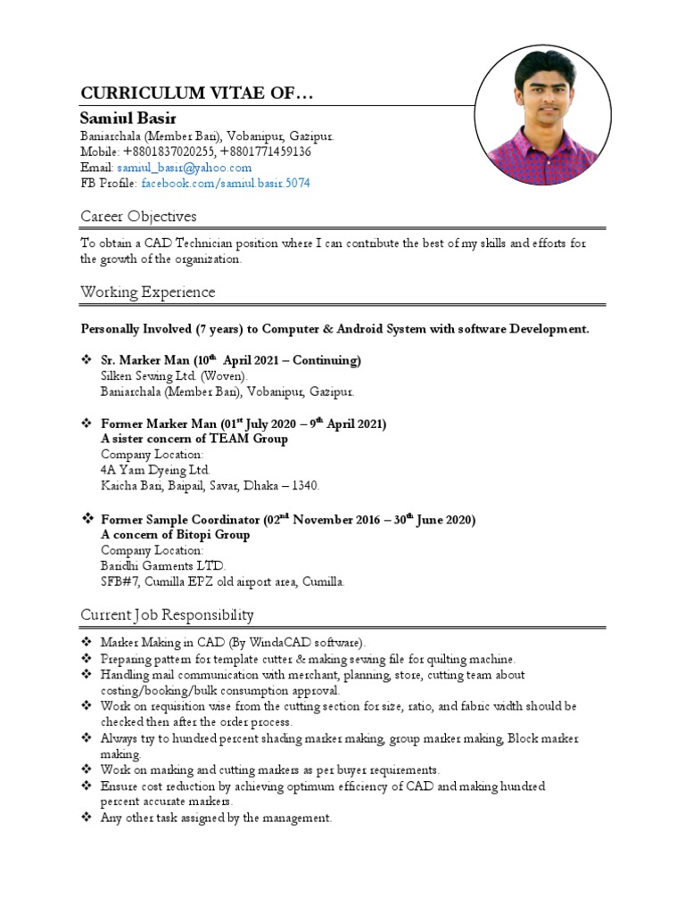 CV of Samiul Basir: CAD Technician | PDF | Software | Computer Hardware