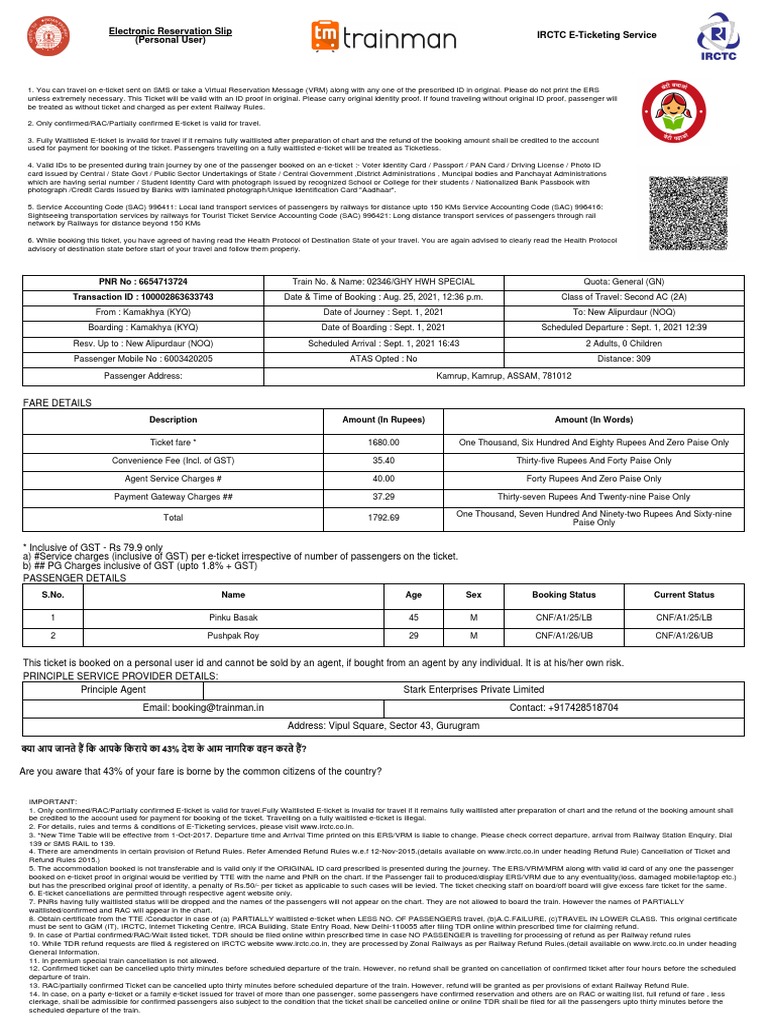 Electronic Reservation Slip (Personal User) IRCTC E-Ticketing Service ...