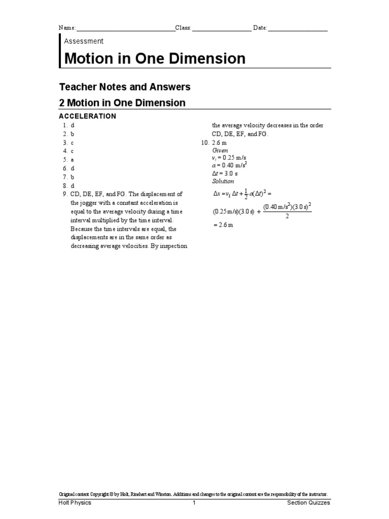 Chapter 2 Motion in One Dimension Section Quiz 2 2 With Answers | PDF ...