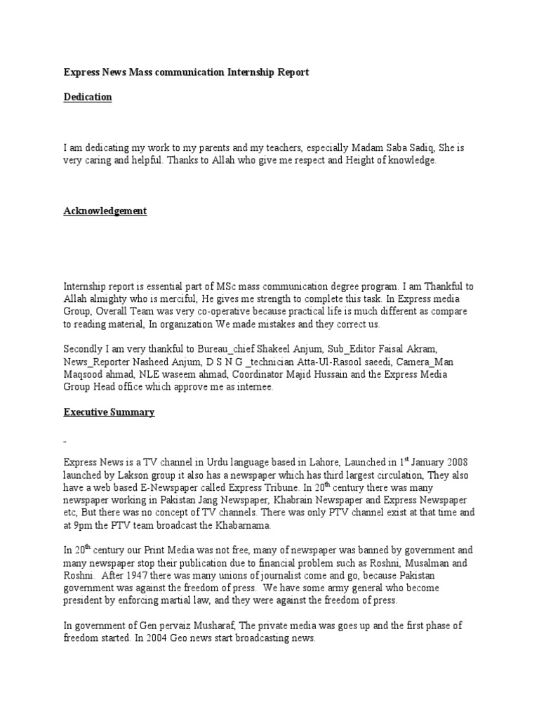 Express News Mass Communication Internship Report | PDF | Newspapers | News