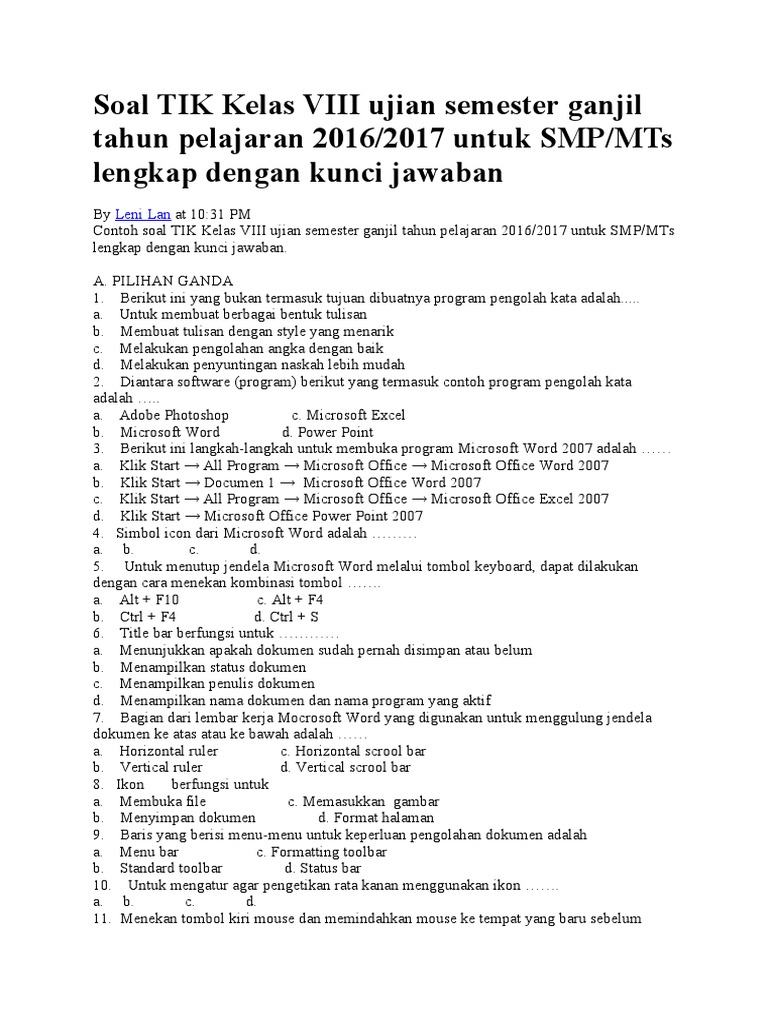 Soal Tik Kelas 8 Semster 1 | PDF