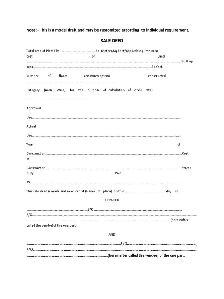 Sale Deed: Note:-This Is A Model Draft and May Be Customized According ...
