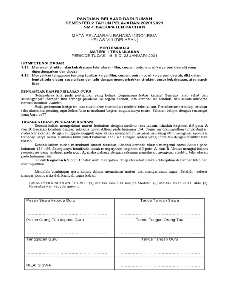 Panduan BDR Kelas 8 Teks Ulasan Pertemuan 3 | PDF