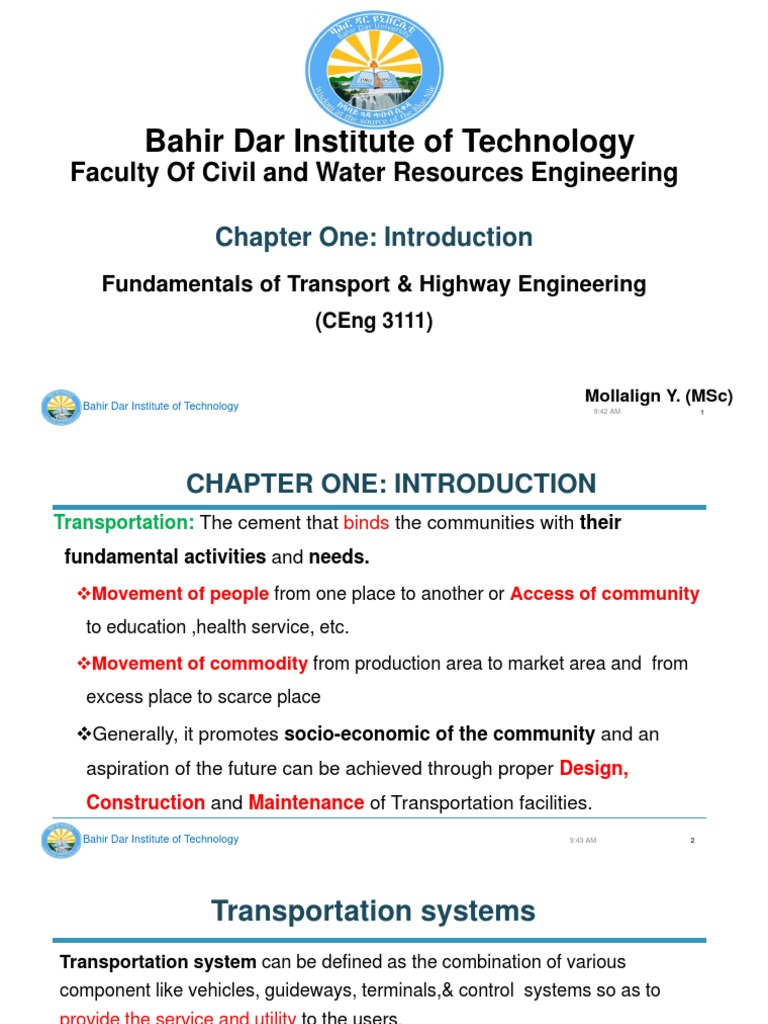 Chapter One - Fundamental of Transport and Highway Engineering | PDF ...