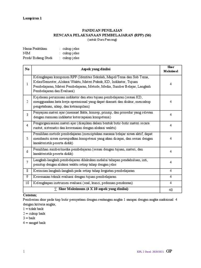 Panduan dan Format Penilaian RPP dan Pelaksanaan Pembelajaran | PDF ...