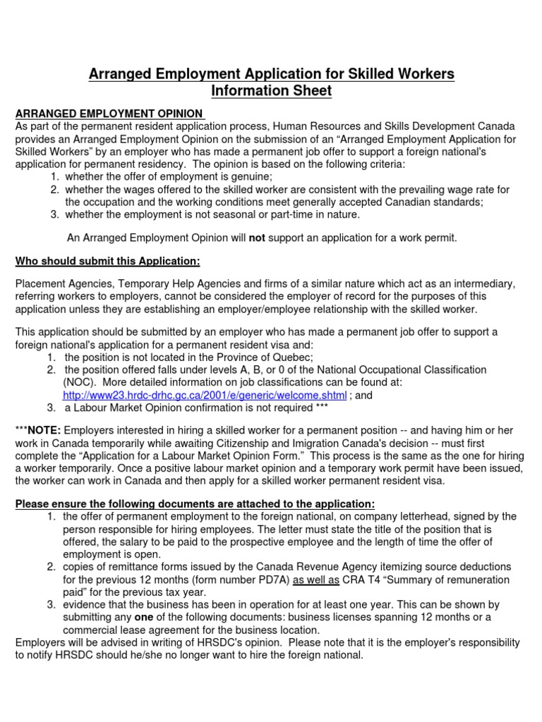 Arranged Employment Application For Skilled Workers Information Sheet ...